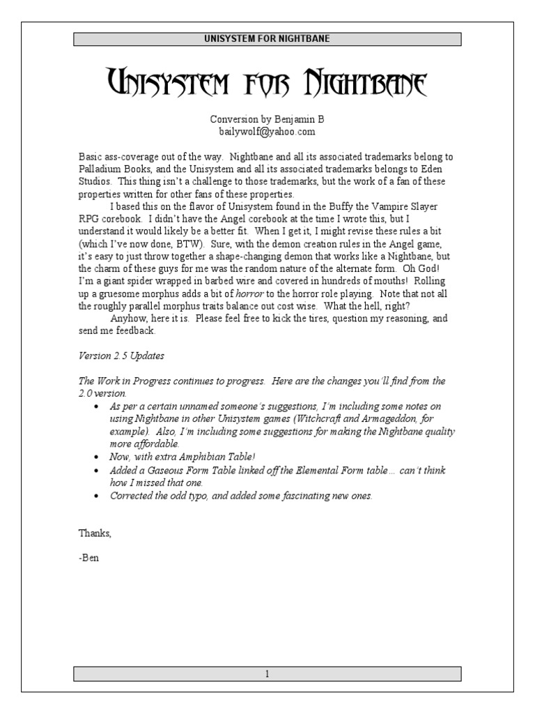 Unisystem Conversion for Nightbane RPG | PDF | Bat | Cats