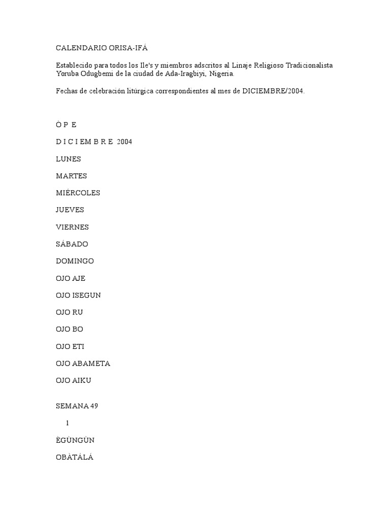 Calendario Orisa | PDF | Religión y creencia