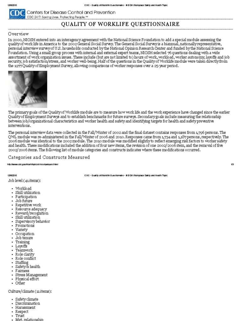 CDC - Quality of Worklife Questionnaire - NIOSH Workplace Safety and ...