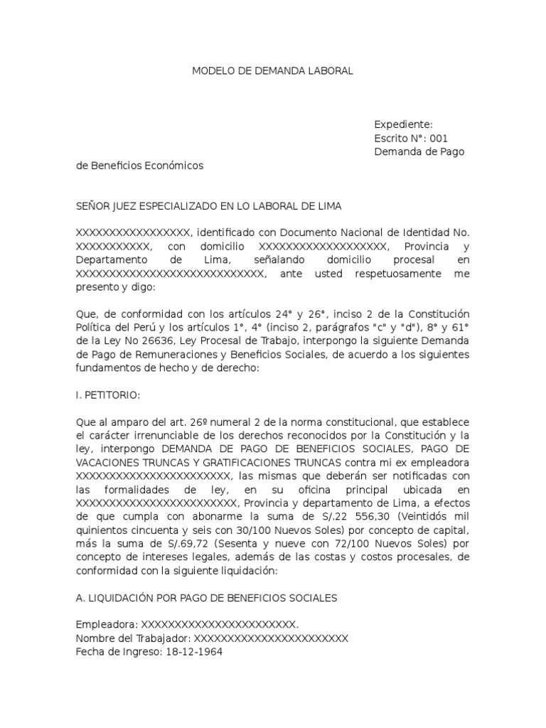 Modelo de Demanda Laboral | PDF | Demanda judicial | Derecho laboral