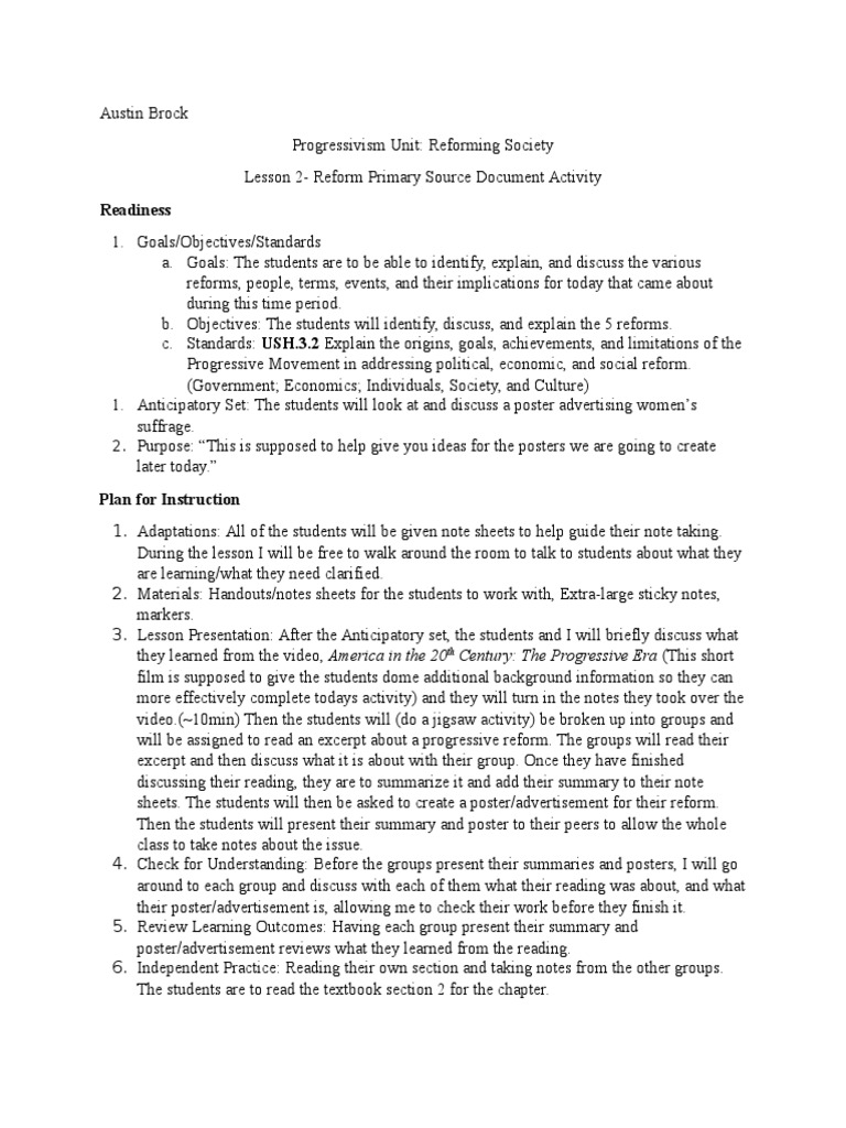 Progressive Era Reform Lesson Plan | PDF | Natural And Legal Rights ...