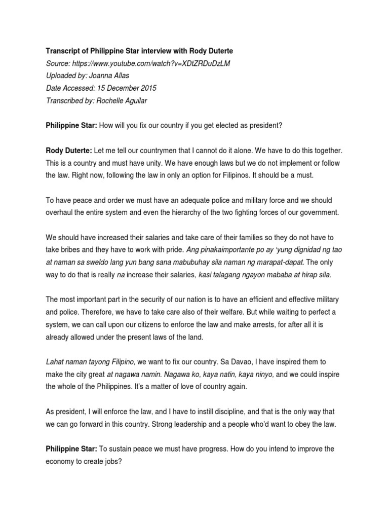 Transcript of Philippine Star Interview With Rody Duterte | PDF ...