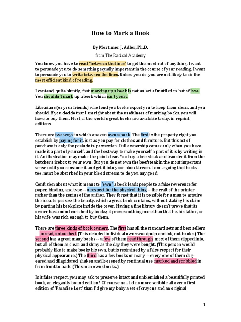 How$to$Mark$a$Book$: By$Mortimer$J.$Adler,$Ph.D." | PDF