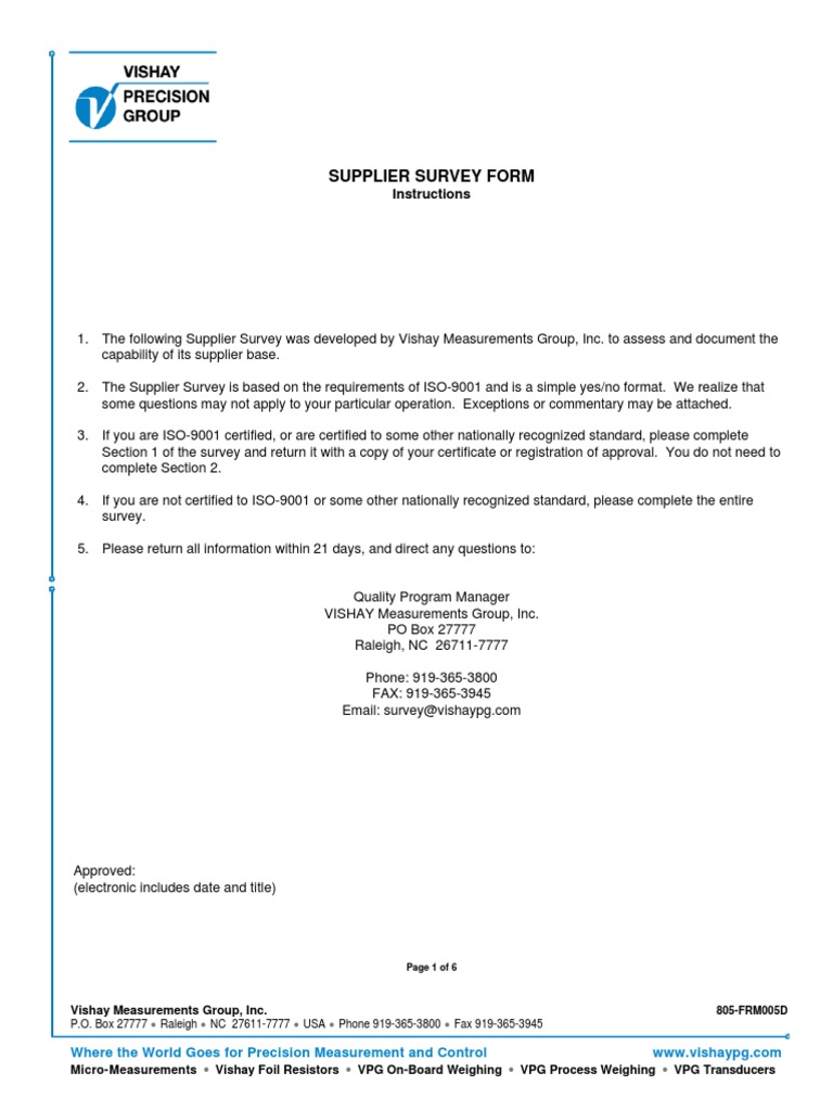 Supplier Survey Form: Instructions | PDF | Iso 9000 | Calibration