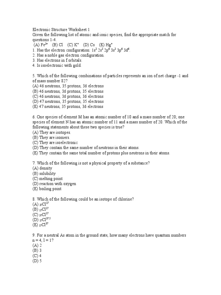 Electronic Structure Worksheet Guide | PDF | Atomic Orbital | Atoms