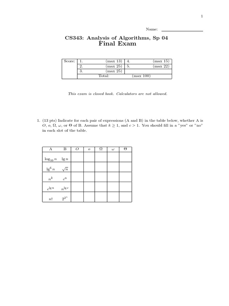 Final Exam: CS343: Analysis of Algorithms, SP 04 | Download Free PDF | Algorithms | Applied ...