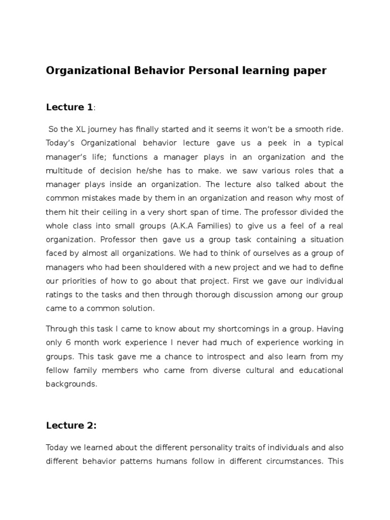 Organizational Behavior Personal Learning Paper | PDF | Personality ...