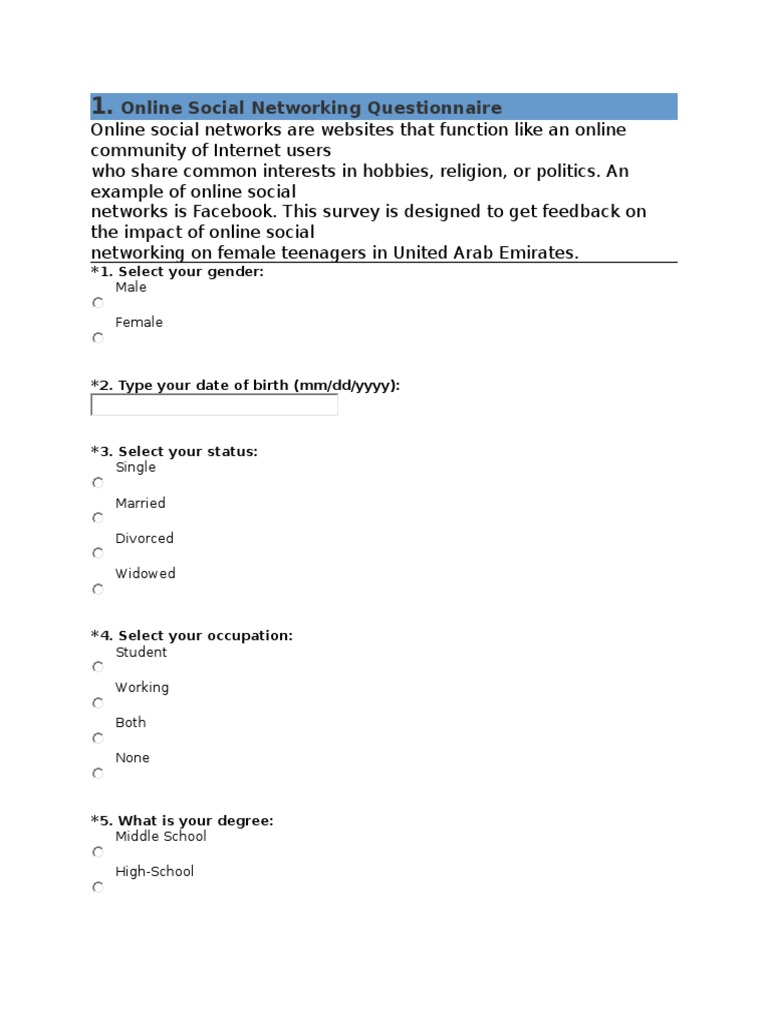 Online Social Networking Questionnaire: 1. Select Your Gender | PDF ...