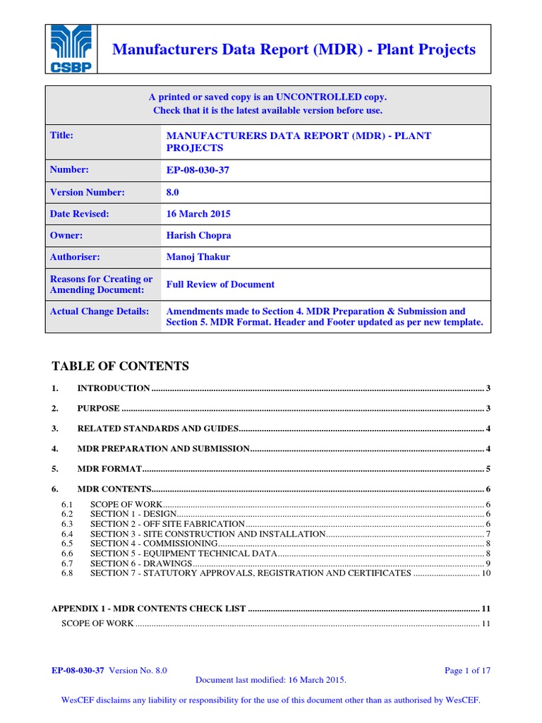 Manufacturers Data Report (MDR) - Plant Projects EP-08-030-37 | PDF ...