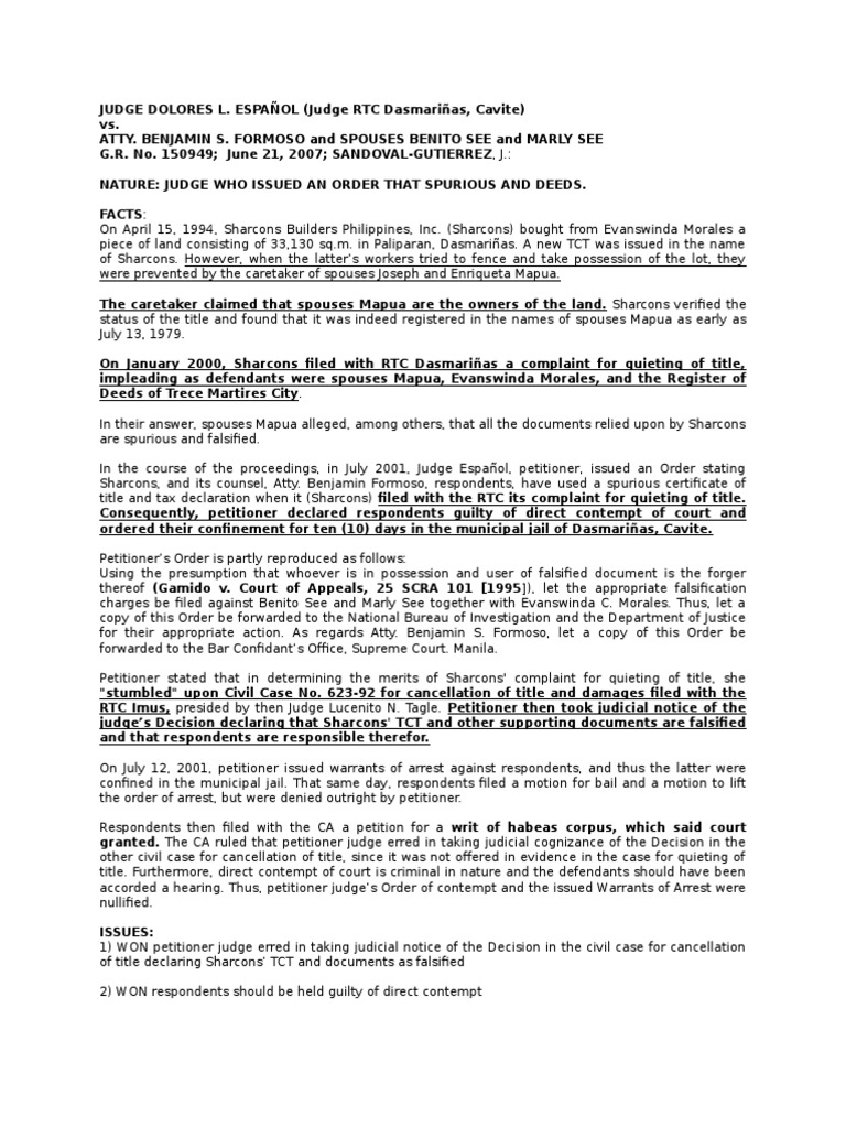 JUDGE DOLORES L. ESPAÑOL (Judge RTC Dasmariñas, Cavite) vs. ATTY ...