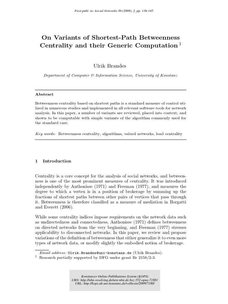 On Variants Of Shortest Path Betweenness Centrality And Their Generic Computation Pdf Vertex 