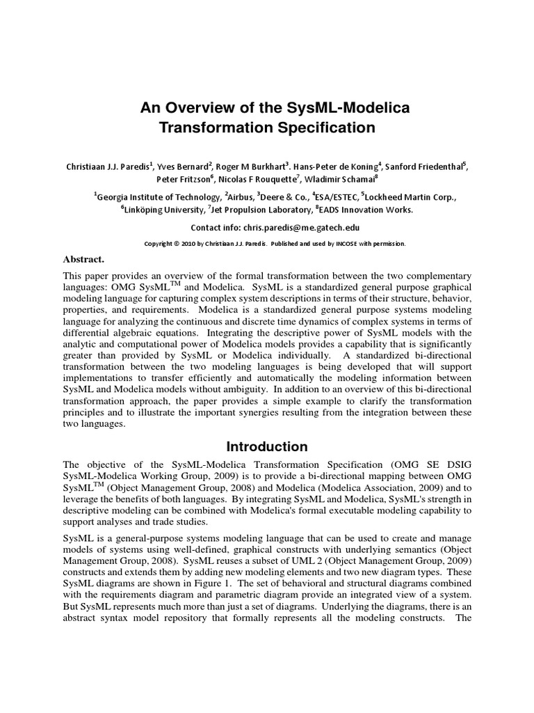 Sysml Modelica Overview Incose2010 Pdf Conceptual Model Unified Modeling Language