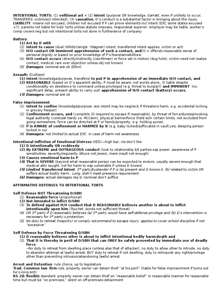 Torts - Attack Sheet - Schechter - 2010 | PDF | Negligence | Damages