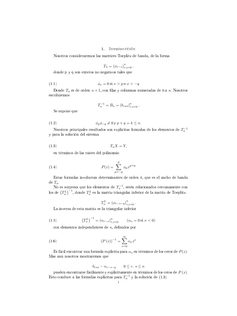 Una Formula Explicita para Matrices de Toeplitz | PDF | Determinante ...
