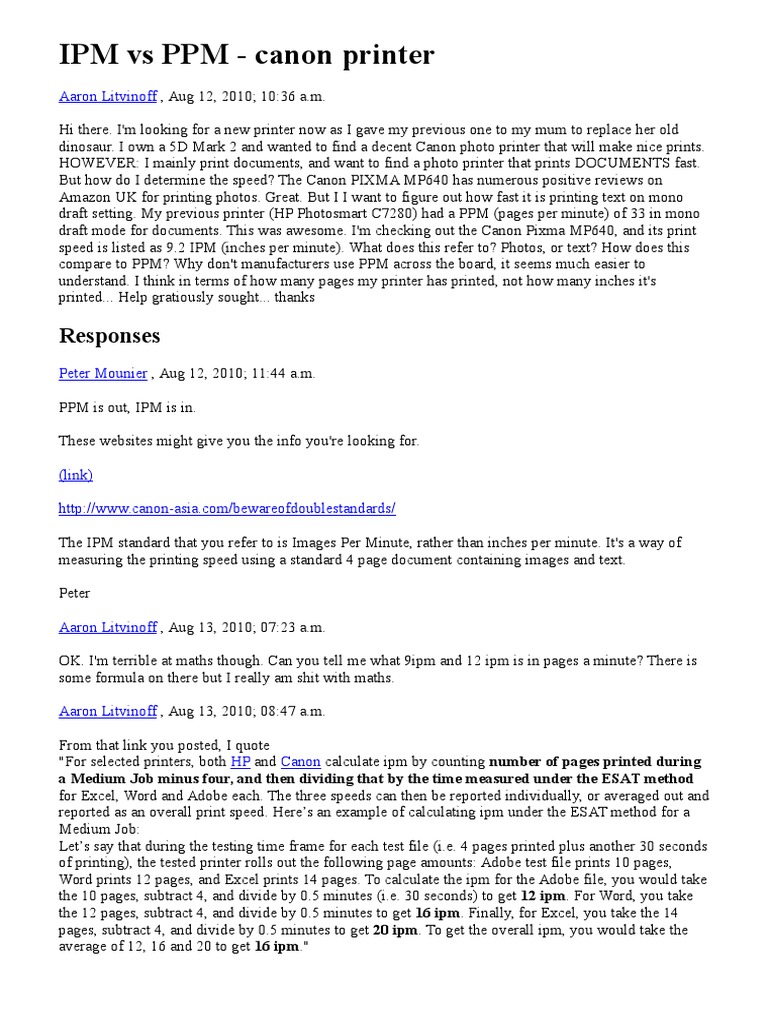 IPM vs PPM printing speeds for Canon photo printers | PDF | Canon Inc ...