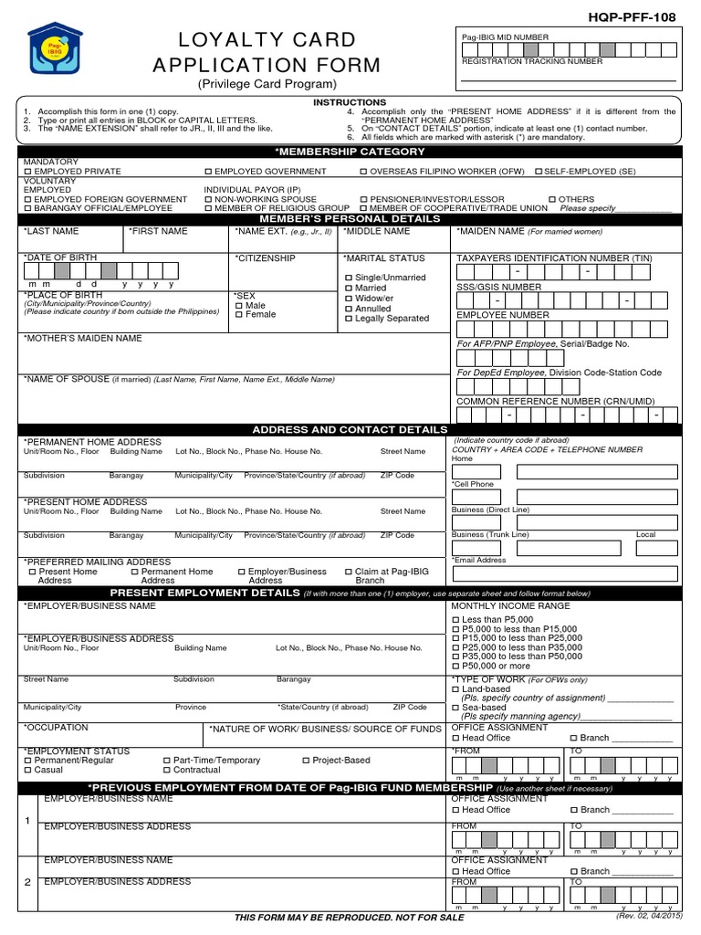 Pag-IBIG Loyalty Card Application Form | PDF | Credit (Finance ...