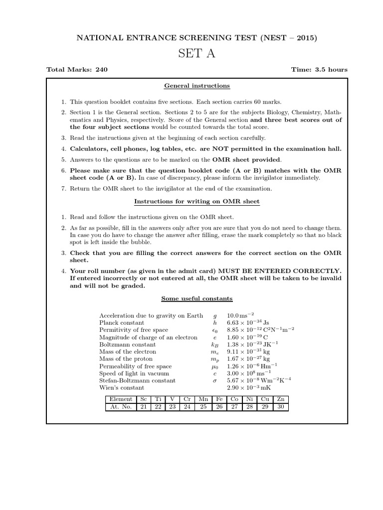 NEST 2015 Question Paper | Download Free PDF | Lignite | Coal