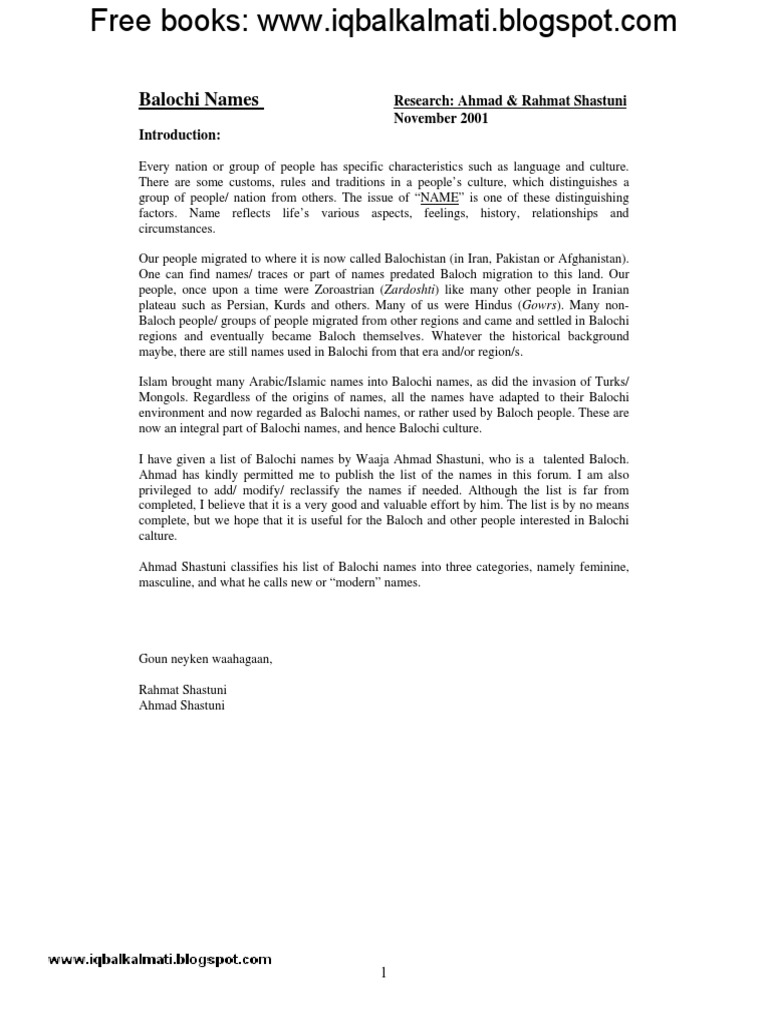 Balochi Names: Research: Ahmad & Rahmat Shastuni November 2001 | PDF ...