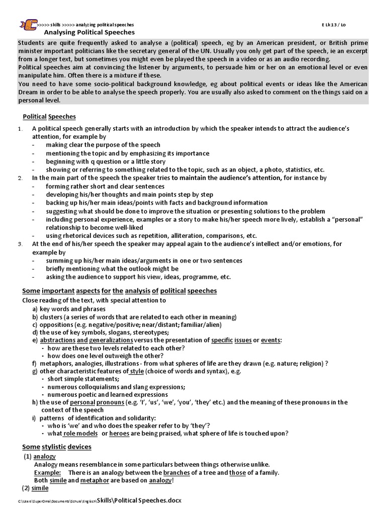 Analyzing Political Speeches Guide | PDF | Metaphor | Phrase