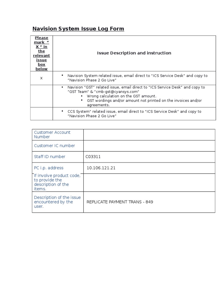 NEW Navision System Issue Log Form Doc (210415 Ver2) | PDF