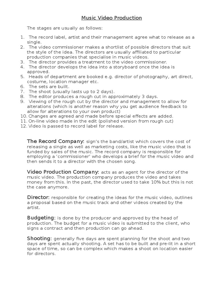 Stages of Music Video Production | PDF