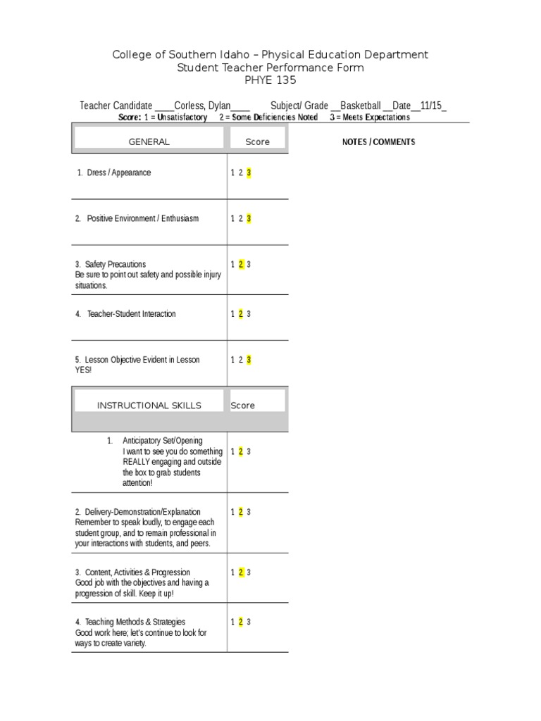 Student Teacher Evaluation Form: Basketball | PDF | Physical Education ...