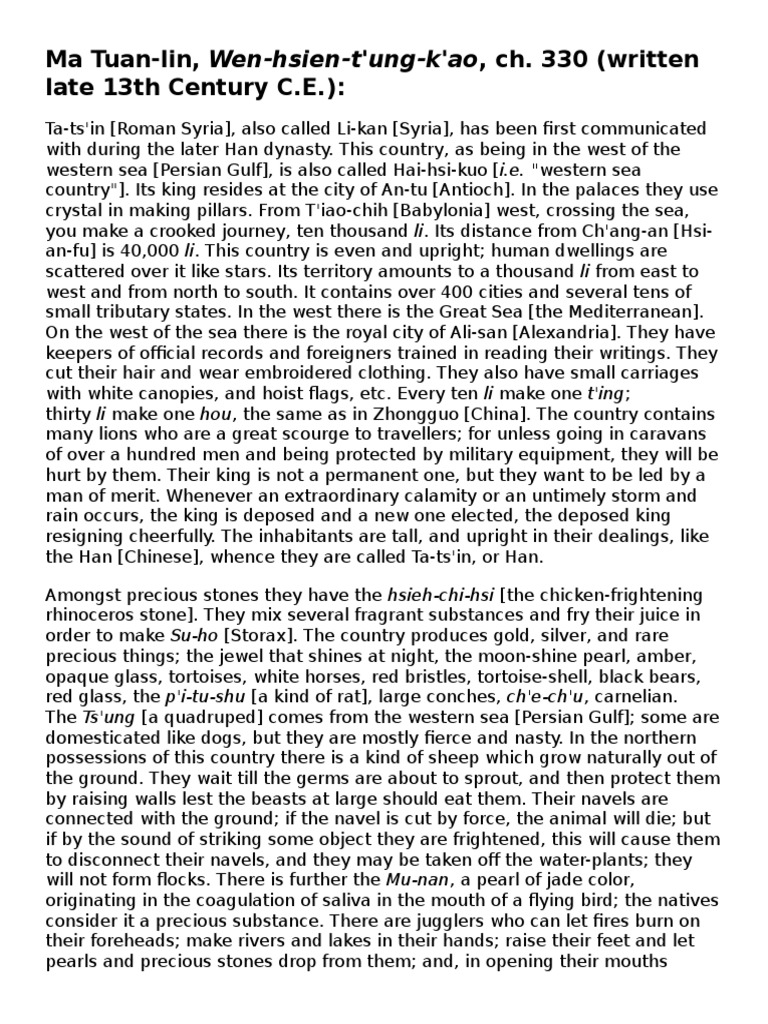 Ma Tuan-Lin, Wen-Hsien-T'ung-K'ao, Ch. 330 (Written Late 13th Century C ...