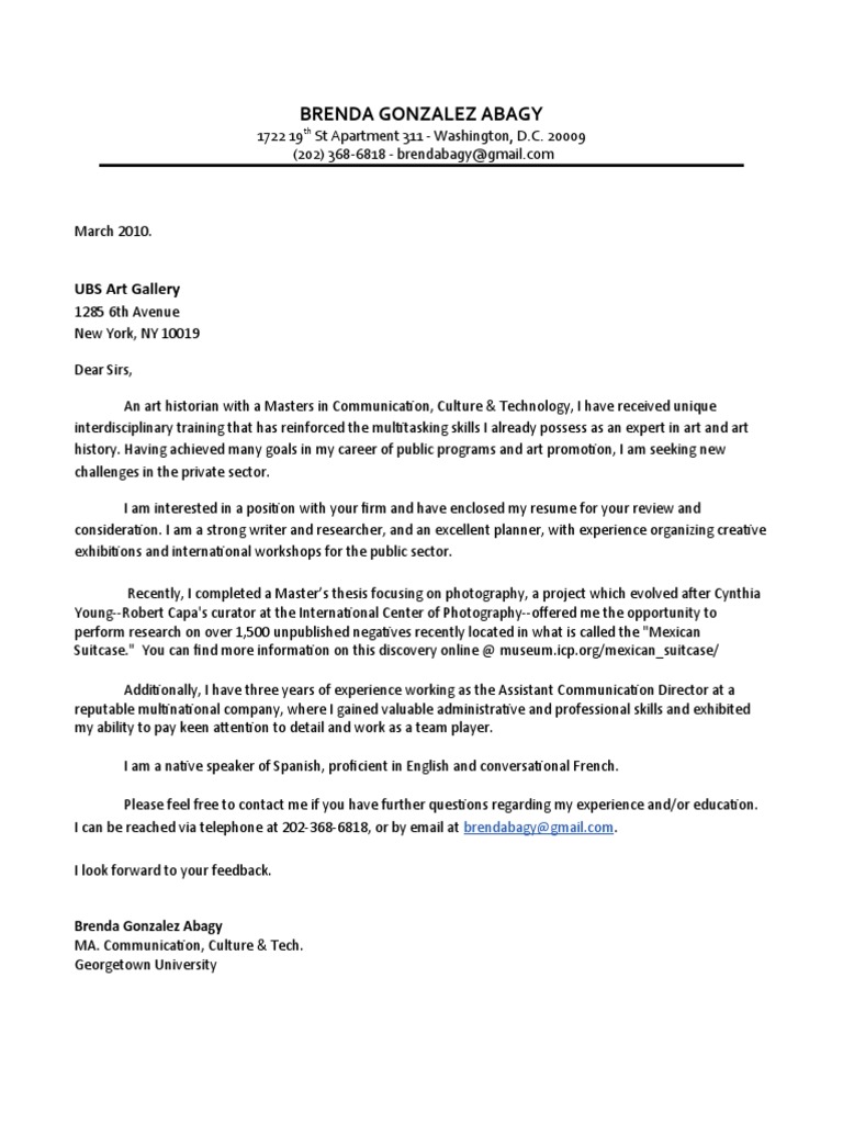Cover Letter UBS Brenda Gonzalez | PDF
