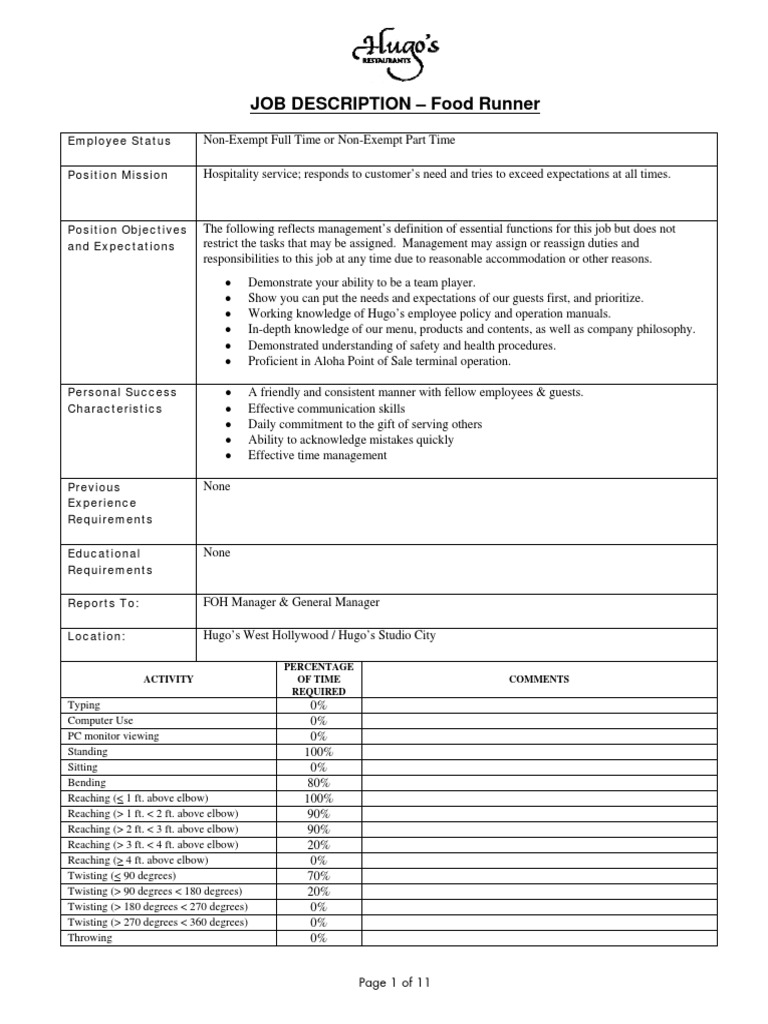 Job Description - Food Runner: Employee Status Position Mission | PDF ...