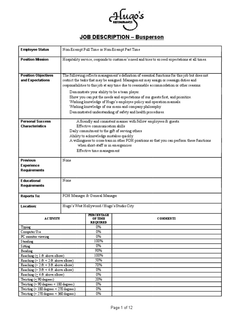Restaurant Busperson Job Description - Training | PDF | Tableware | Menu
