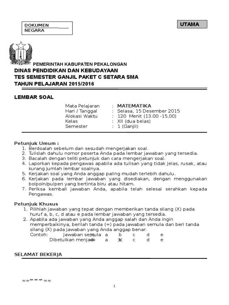 Soal Matematika Kelas XII Semester Gasal | PDF | Metode & Bahan Ajar | Sains & Matematika