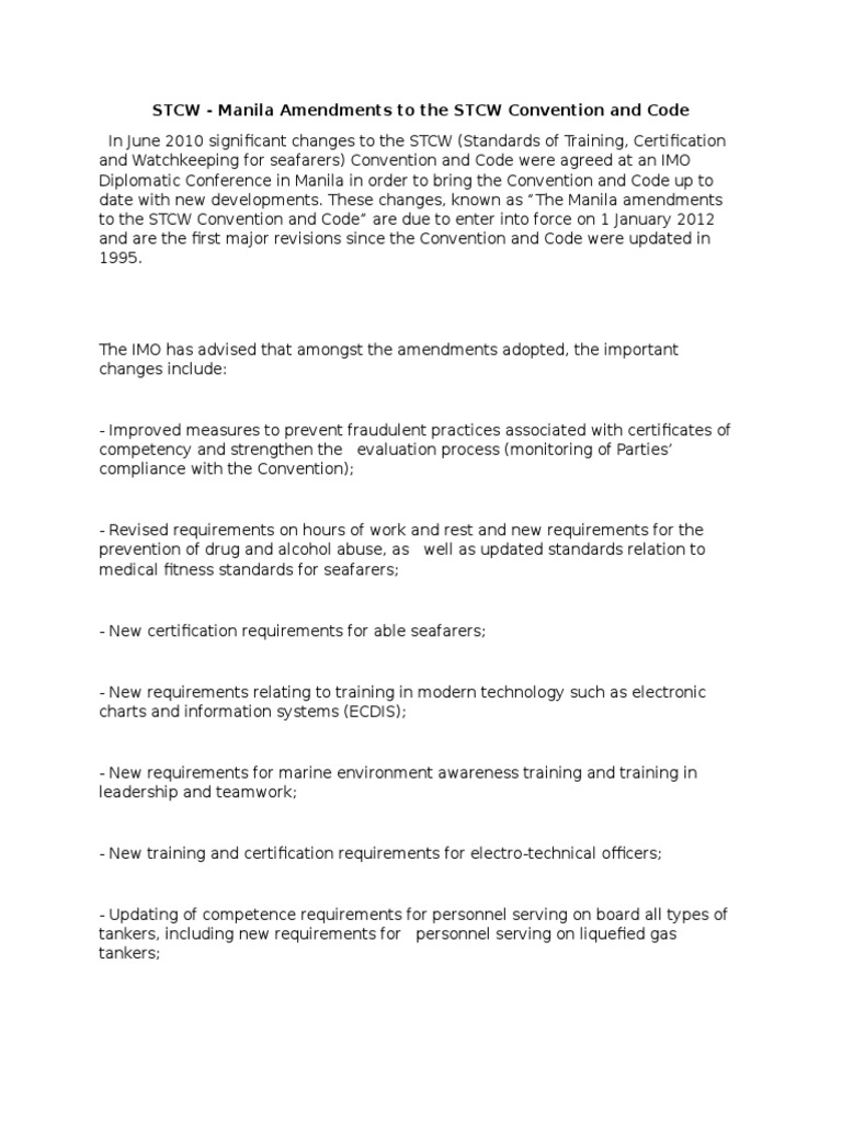 STCW - Manila Amendments To The STCW Convention and Code | PDF | Water ...