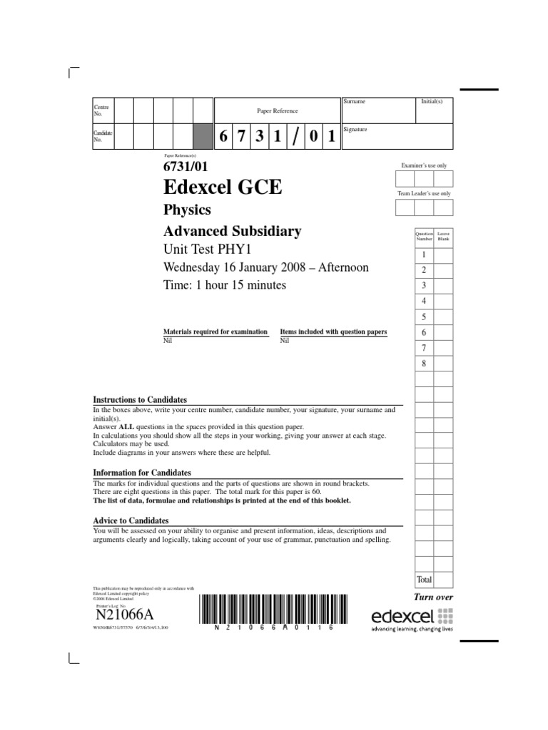 EdExcel A Level Physics Sgdunit 1 Paper 1 Jan 2008 | PDF | Weight ...