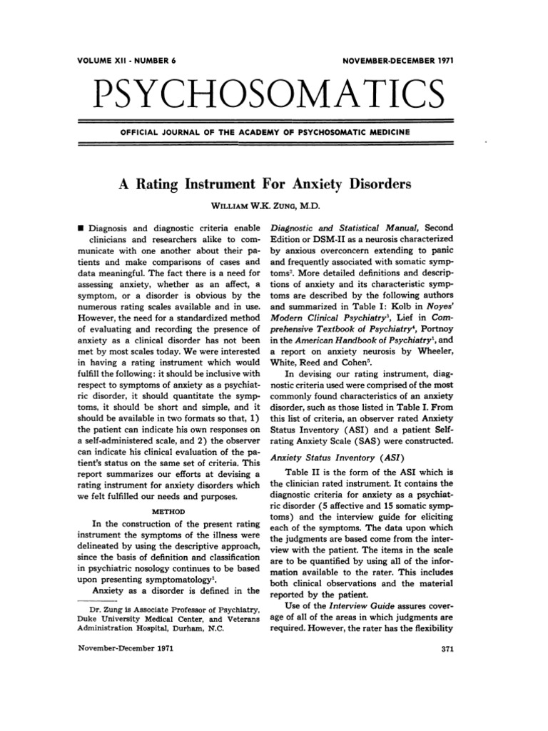 Zung Anxiety Scale PDF Psychiatry Anxiety Disorder