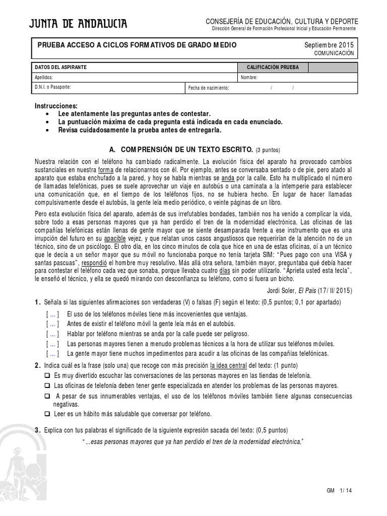 Prueba de Acceso A FP de Grado Medio Sept. 2015 | PDF | Francisco ... Prueba de Acceso A FP de Grado Medio Sept. 2015 | PDF | Francisco ...