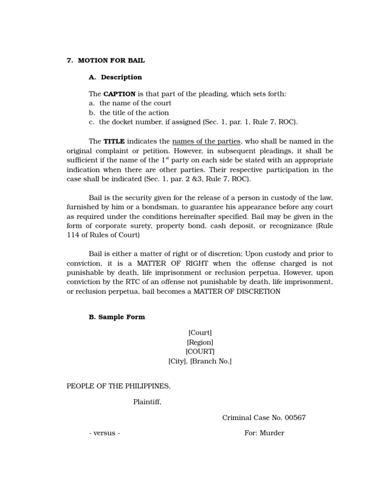 Motion For Bail A. Description | PDF | Bail | Complaint