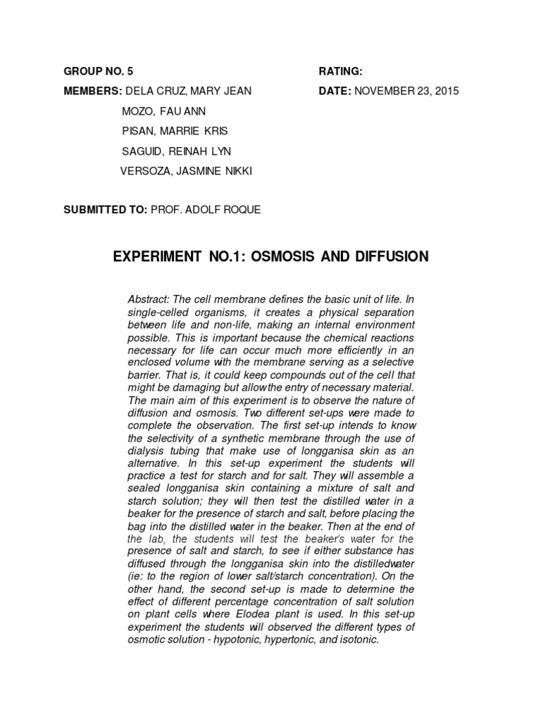 Experiment No.1: Osmosis and Diffusion: Pisan, Marrie Kris Saguid, Reinah Lyn Versoza, Jasmine ...