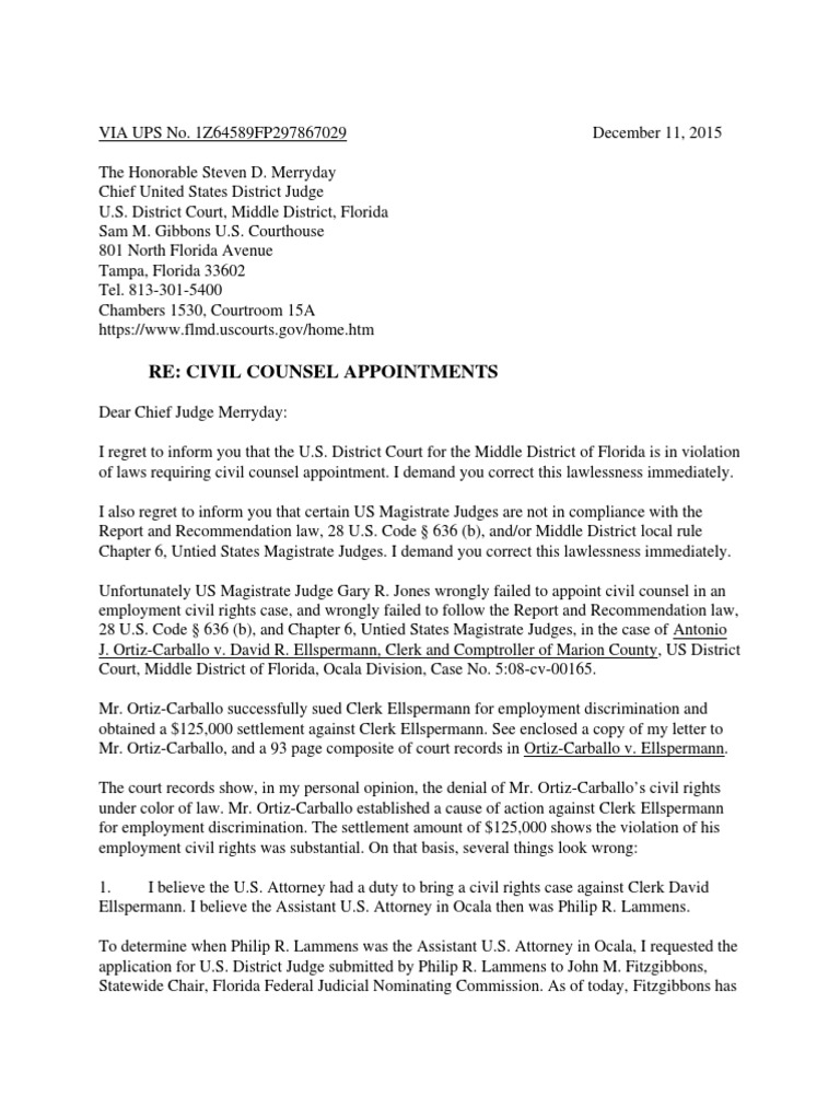 Hon Steven Merryday Chief US District Judge Civil Counsel Appointment ...