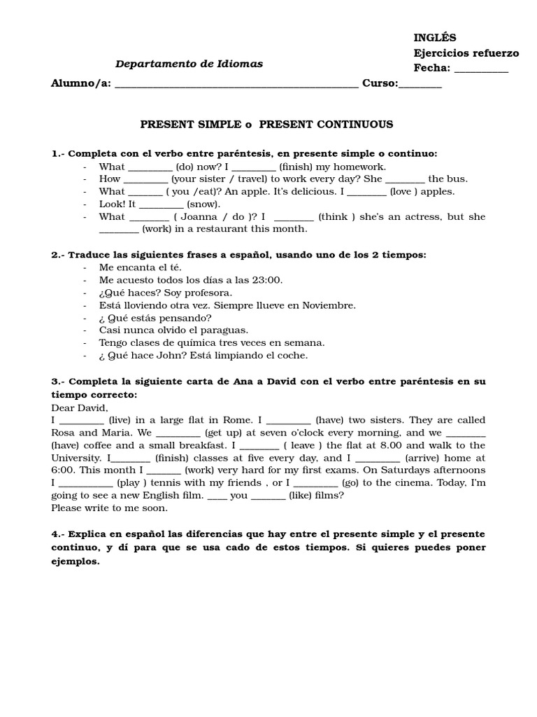 Presente Simple vs. Presente Continuo | PDF