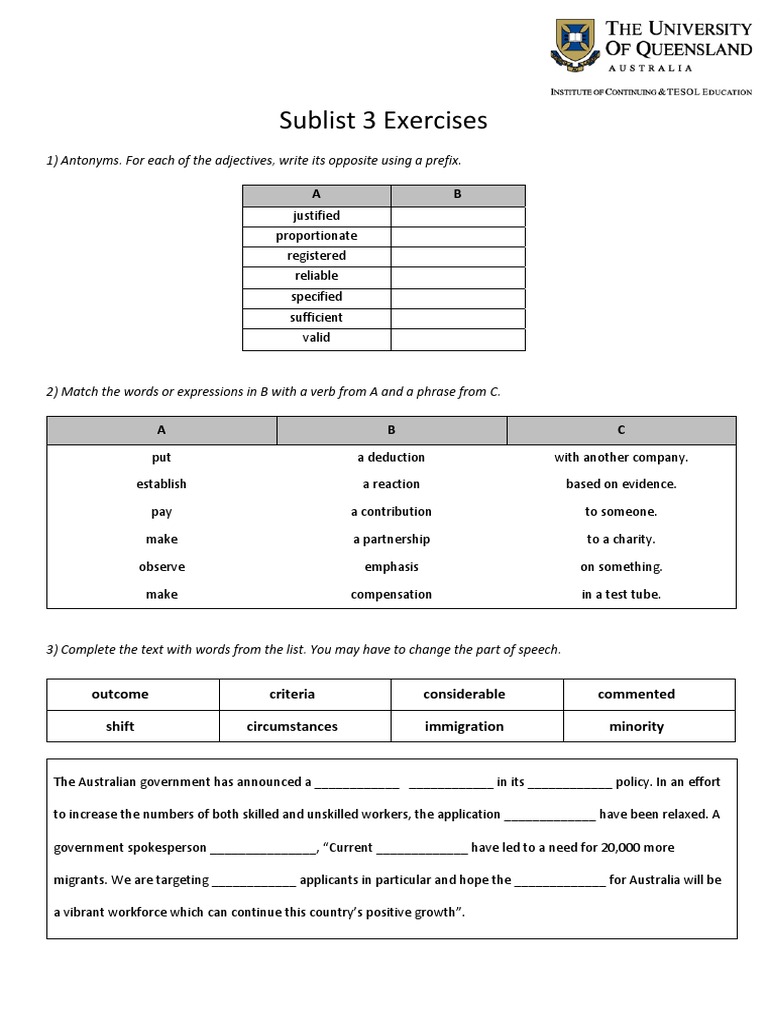 Sublist 3 Vocabulary Exercises | PDF | Immigration | International ...