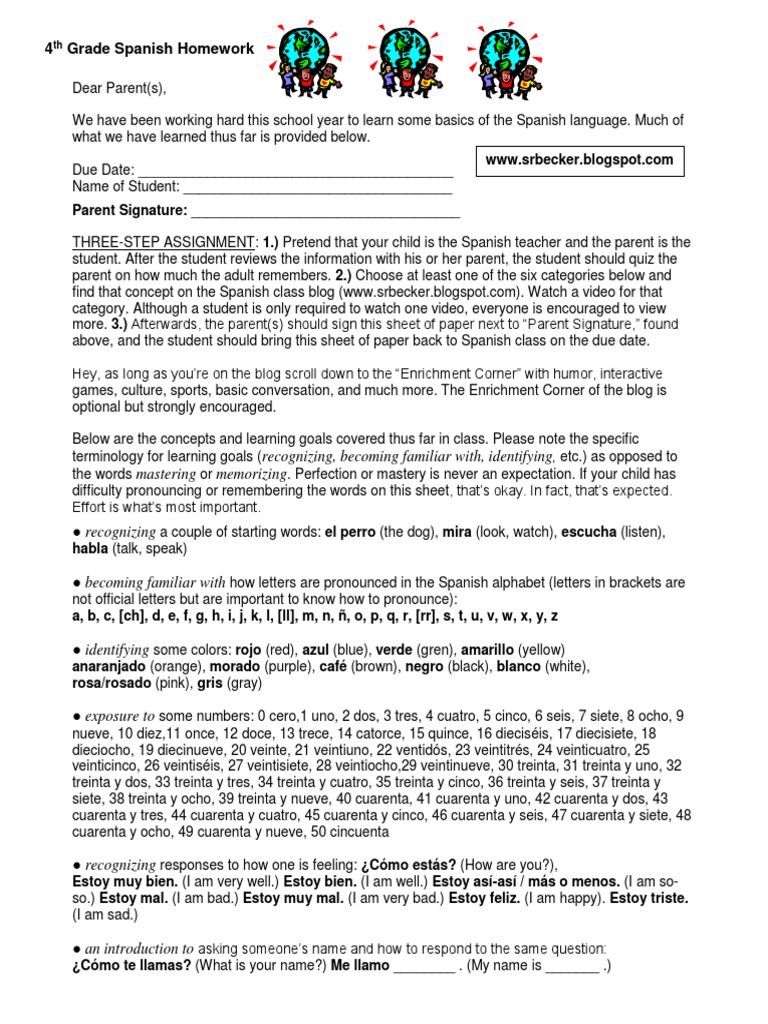 4th Grade Spanish Homework, 1st Assignment | Homework | Semiotics