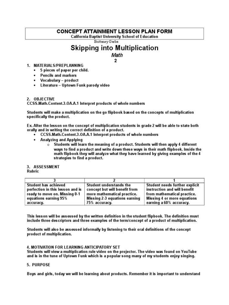 Concept Attainment Lesson Plan | PDF | Multiplication | Matrix ...