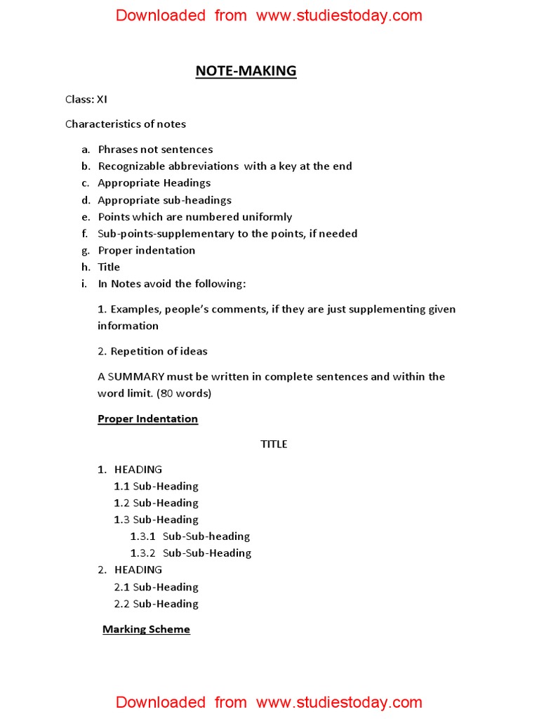 Note Making Format Class 11 English