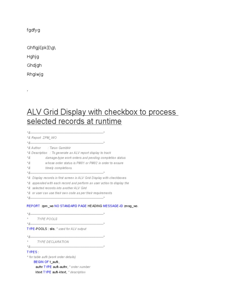 ALV Grid Display With Checkbox To Process Selected Records at Runtime | PDF | Computer ...