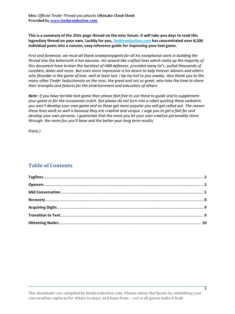 Official Tinder Thread You Phucks ULTIMATE CHEAT SHEET | PDF | Language ...