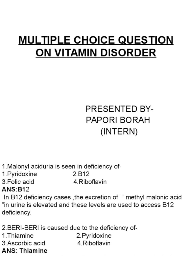 Multiple Choice Question On Vitamin Deficiency | PDF | Vitamin B12 ...