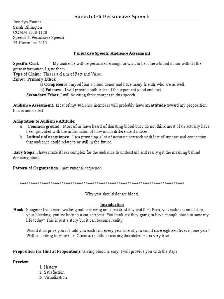 Persuasive Speech Outline Template Final | Blood Donation | Medical ...