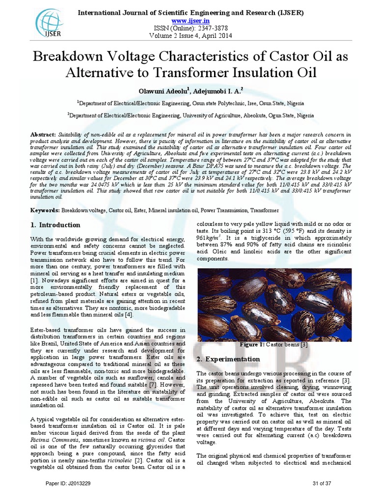 Breakdown Voltage Characteristics of Castor Oil As Transformer ...