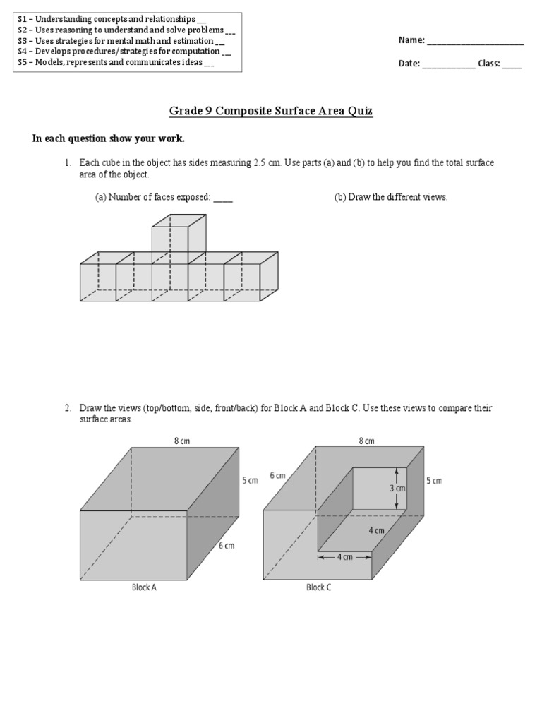 Grade 9 Composite Surface Area Quiz | PDF
