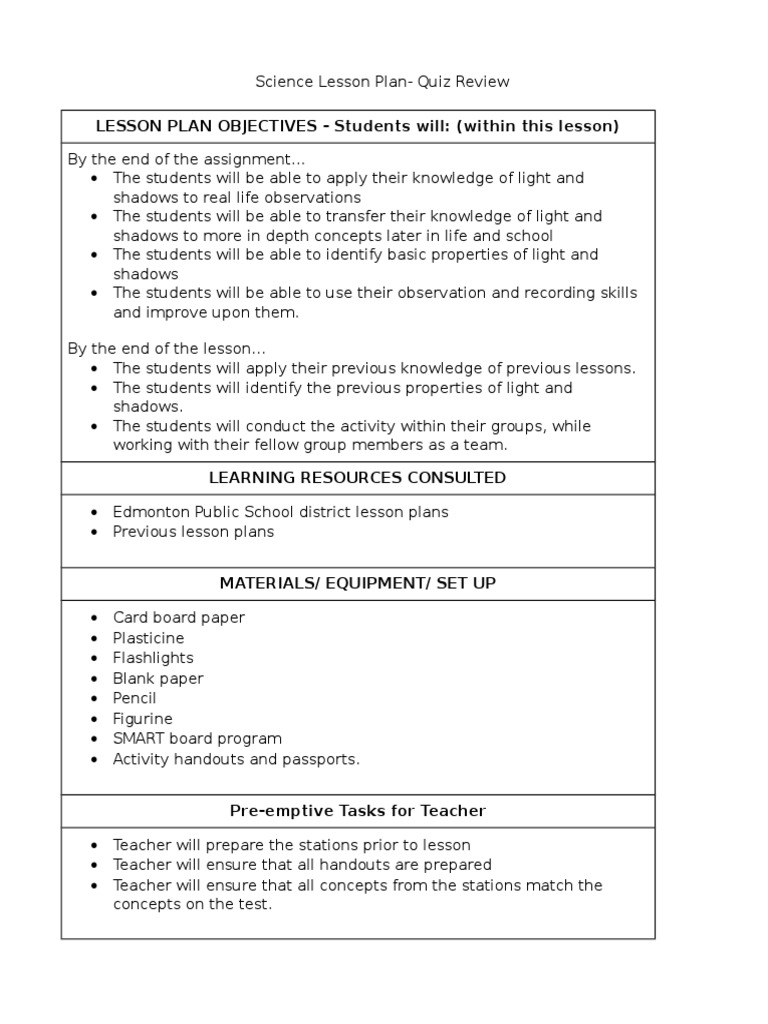 Science Quiz Review Lesson Plan | PDF | Shadow | Lesson Plan
